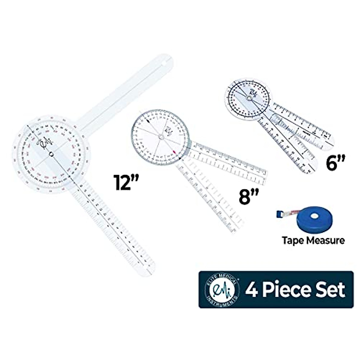 EMI Goniometer Physical Therapy 4 Piece Set EGM-429TM - 12", 8", 6", and Tape Measure