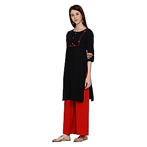 Ramkudi Indian Womens Plain Cotton Straight Stitched Design Neck Kurti (Black, L)