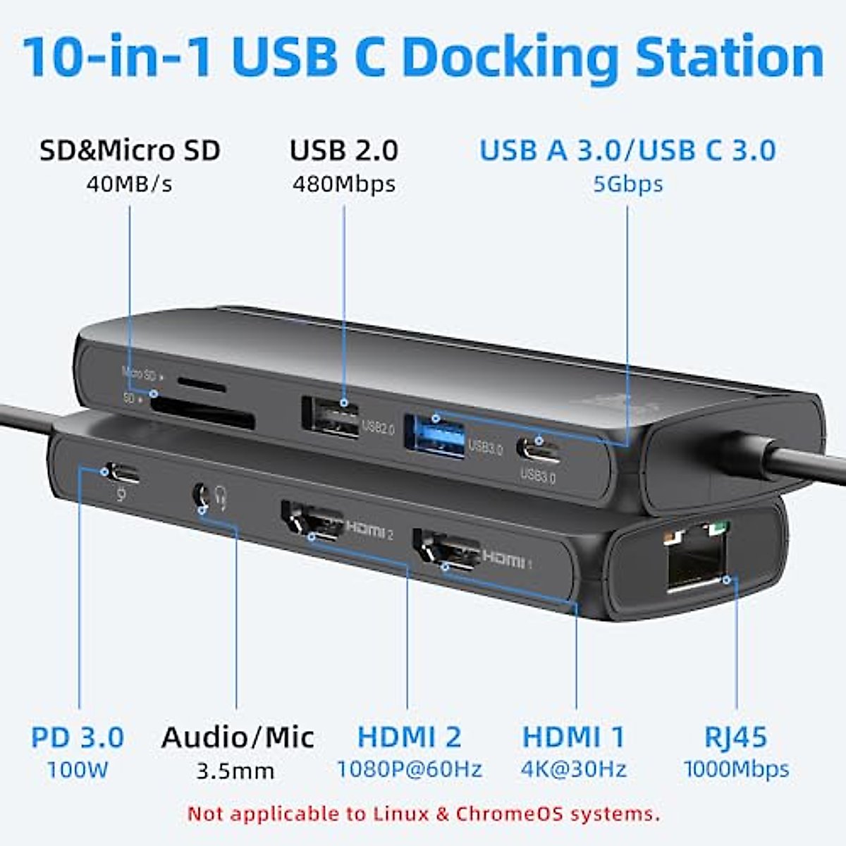 USB C Laptop Docking Station Dual Monitor,4K USB C Triple Display Docking Station,with Ethernet,3USB3.0,2 USB2.0,PD,USB C Port,SD/TF