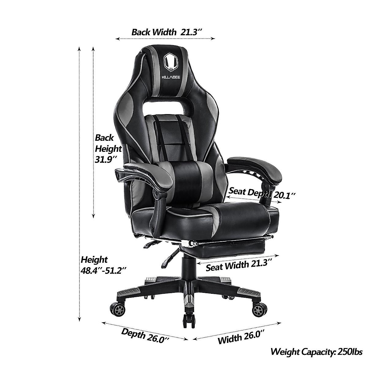 KILLABEE Massage Gaming Chair High Back PU Leather PC Racing Computer Desk Office Swivel Recliner with Retractable Footrest and Adjustable Lumbar Support, Gray/Black