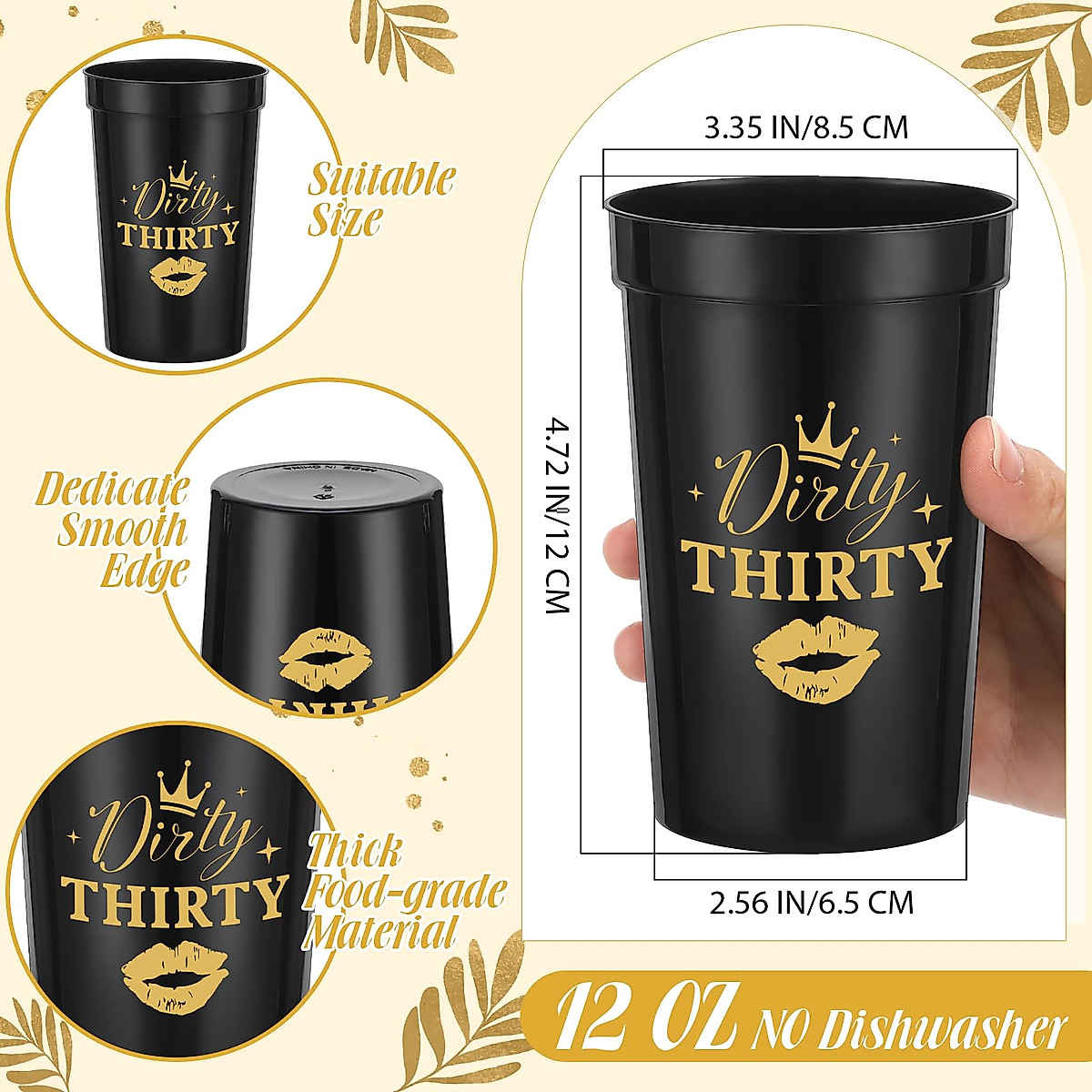 Uiifan 30 Pcs 30th Birthday Party Cups 12 Oz Dirty Thirty Cups 30th Birthday Stadium Cups Plastic Cups for Him Birthday Party Decorations(Black, Gold)