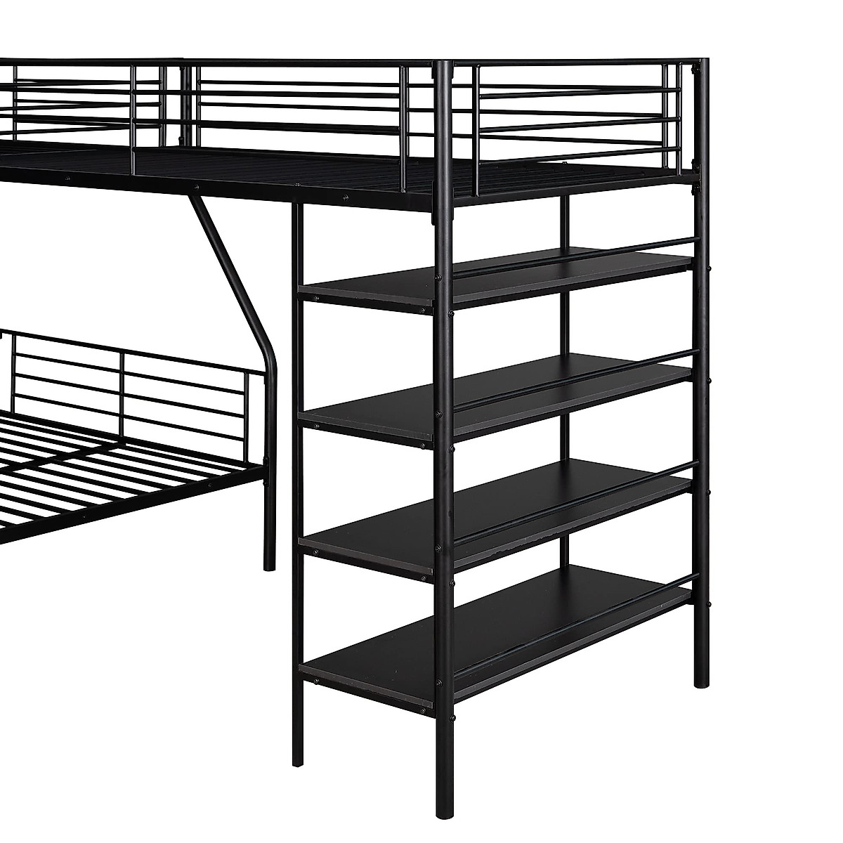 RORIGAT L-Shaped Twin Over Full Bunk Bed，Twin Size Loft Bed Full-Length Guard Rails，Triple Bunk Bed with Four Built-in Shelves and One Ladder for Bedroom, Dorm, Boys, Girls, Adults,Black