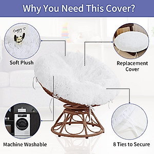 HOMBYS Shaggy Cover for Papasan Cushion, Fluffy Plush Faux Fur Zippered Slipcover Only, Removable and Machine Washable Chair Cushion Covers with 8 Ties (Fit 50-52inch, White)