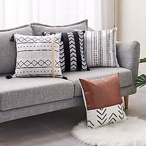 CDWERD 18x18 Inch Pillow Covers, Boho Pillow Covers Set of 4, Modern Farmhouse Neutral Decorative Pillowcases, Faux Leather and Linen Cushion Case