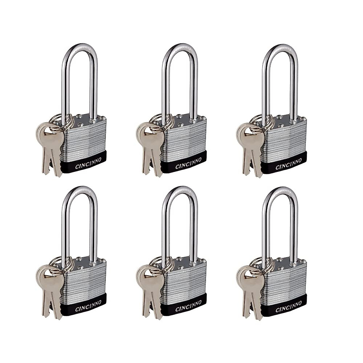 CINCINNO Laminated Steel Padlock with Key，6 Pack Keyed Alike Padlocks with Long Shackle