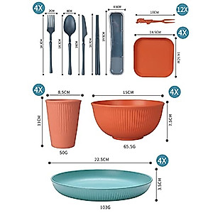 48 Pcs Wheat Straw Dinnerware Sets, Unbreakable Plates and Bowls Sets, Reusable Dinnerware Sets for 4 People, Travel Camping Picnic Home Party Cutlery Set, Dishwasher Microwave Safe Dishes