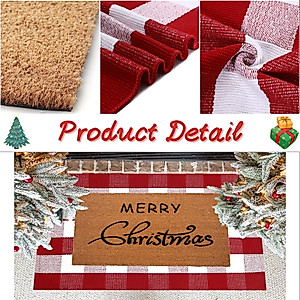 Christmas Door Mat Combo Set - 100% Coco Coir Welcome Mat + 28 x 43 Inch Red and White Plaid Rug, Christmas New Year Holiday Collection Doormat for Front Porch Entryway Decorative