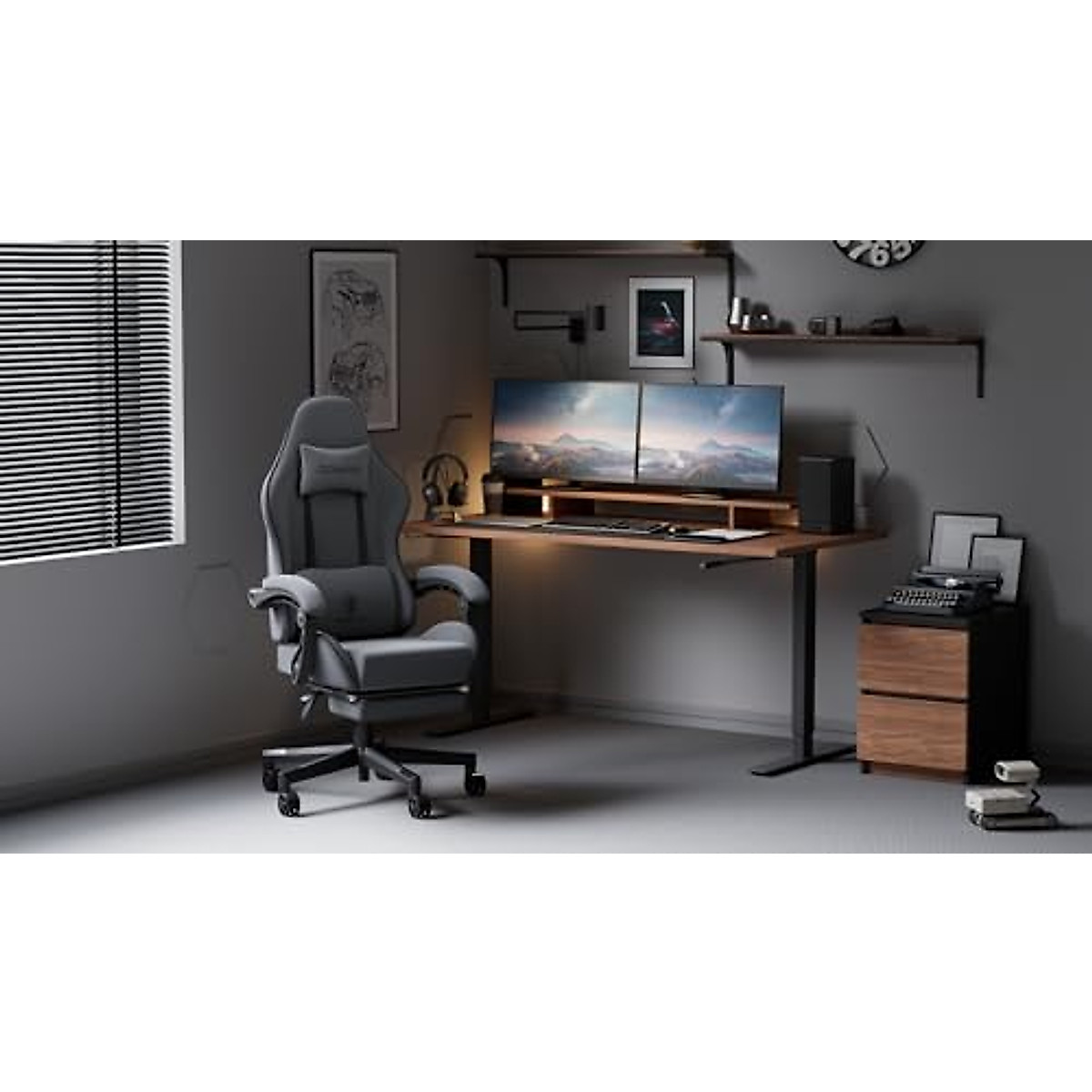 Dowinx Gaming Chair Fabric with Pocket Spring Cushion, Massage Game Chair Cloth with Headrest, Ergonomic Computer Chair with Footrest 290LBS, Black and Grey