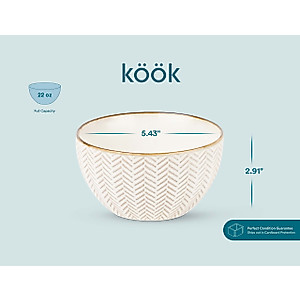 KooK Ceramic Cereal Bowls, Embossed, for Yogurt, Dessert and Poke, Microwave & Dishwasher Safe, Cream with Dark Copper Accents, Set of 4, 22 oz, Narbonne Collection
