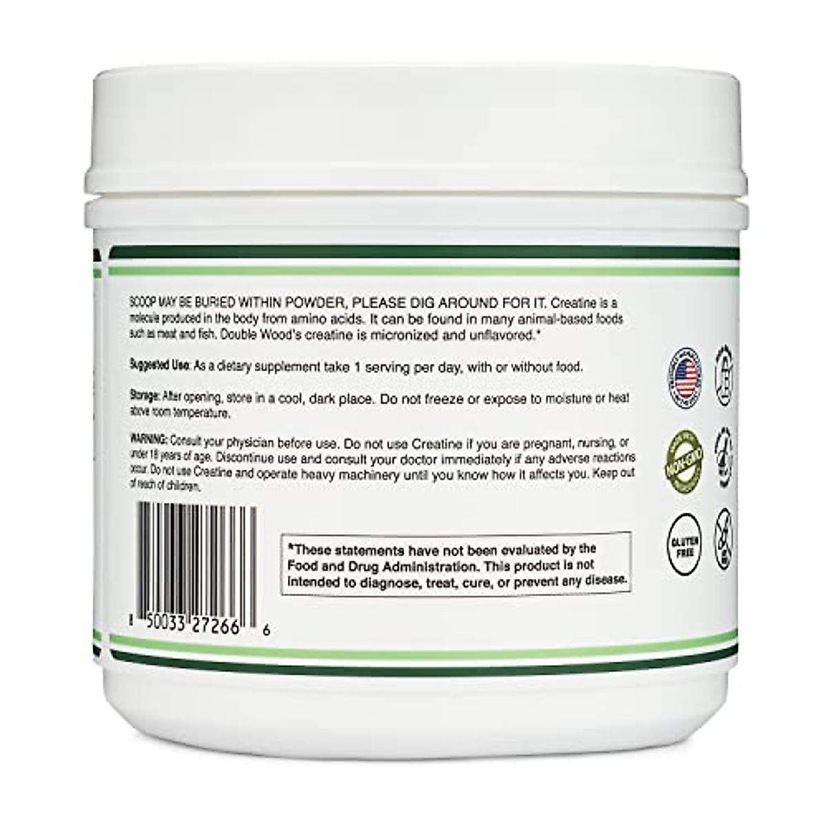 Creatine Monohydrate Powder 1.1lbs (100 Servings of 5 Grams Each - Third Party Tested Micronized Creatine Powder) Unflavored, Keto, Vegan Friendly (with Scoop)(Creatina Monohidratada) by Double Wood