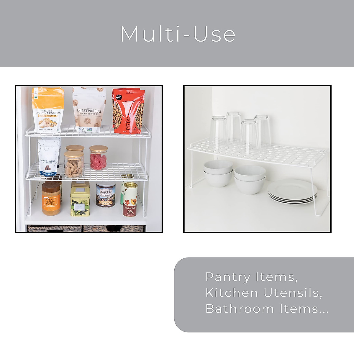 Smart Design Stacking Cabinet Shelf Rack - Extra Large 22 x 10 Inch - Steel Metal Wire - Cupboard, Plate, Dish, Counter and Pantry Organizer - Kitchen - White