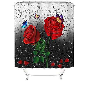 Red Rose Shower Curtain Sets with Non-Slip Rugs,Toilet Lid Cover and Bath Mats Rose Bathroom Sets with Rugs and Accessories Flower Shower Curtain for Bathroom Floral Bathroom Curtain Sets1-1