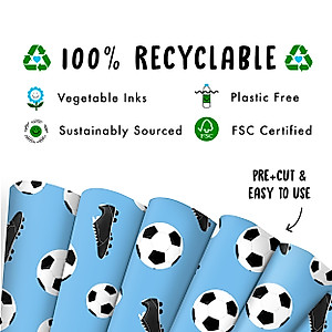 CENTRAL 23 - Fun Wrapping Paper for Boys - 6 Sheets of Birthday Gift Wrap - Football Wrapping Paper - Football Boots - Soccer - For Girls - Blue White - Recyclable