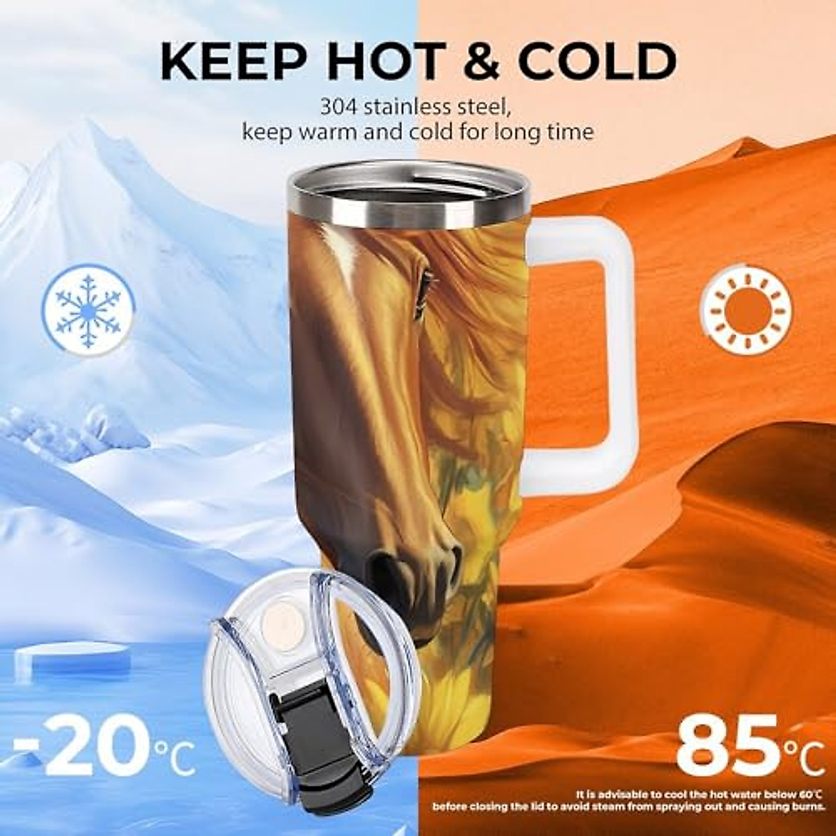 Brown Horse with Sunflowers Insulated Tumblers with Handle Stainless Steel Coffee Mug Funny Travel Cup with Lid Straw 40oz