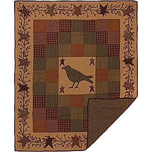 VHC Brands Heritage Farms Crow and Star Cotton Primitive Decor Rod Pocket Pre-Washed Patchwork Throw, Burgundy Red