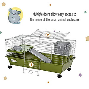PawHut 35" Small Animal Cage Chinchilla Guinea Pig Hutch Ferret Pet House with Platform Ramp, Food Dish, Wheels, & Water Bottle