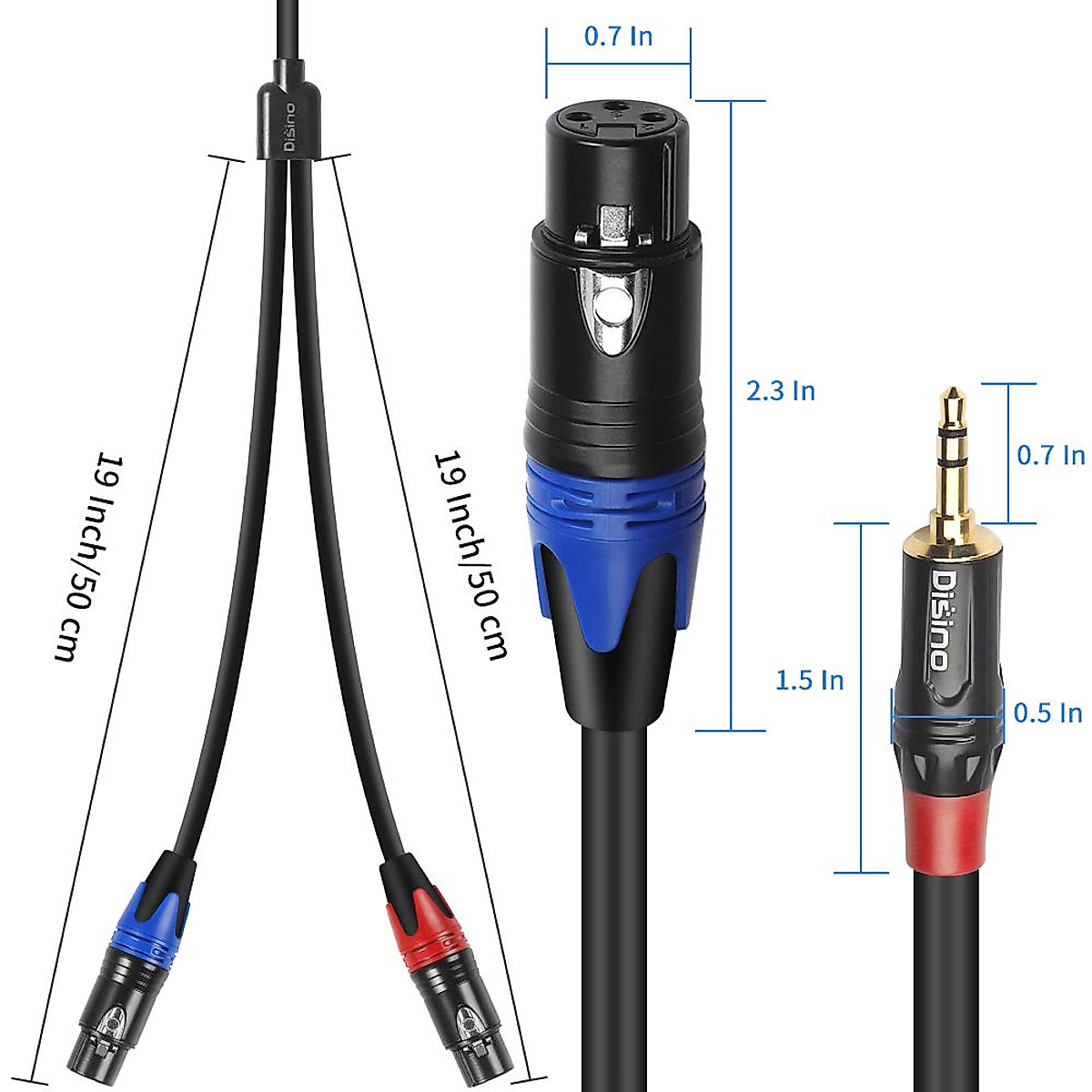 Disino Dual Female XLR to 3.5mm Y-Splitter Cable, Unbalanced XLR Female to 1/8 Inch Mini Jack TRS Stereo Aux Interconnect Audio Mic Breakout Patch Cord - 6.6 Feet/2 Meters