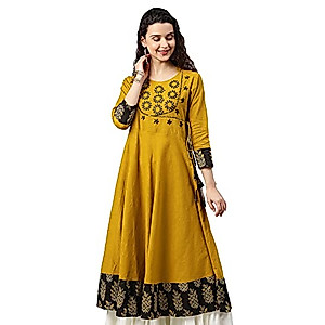 Yash Gallery Women's Cotton Slub Sequin Work Angrakha Kurtis (Mustard Yellow)