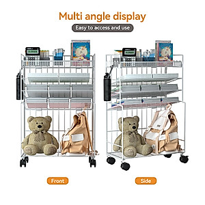 FIROK Rolling Bookcase with Wheels,Heavy Duty Mobile Bookshelf Storage Cart for Students, Metal Frame Book Shelf Organizer for Home,Office,Living Room - White