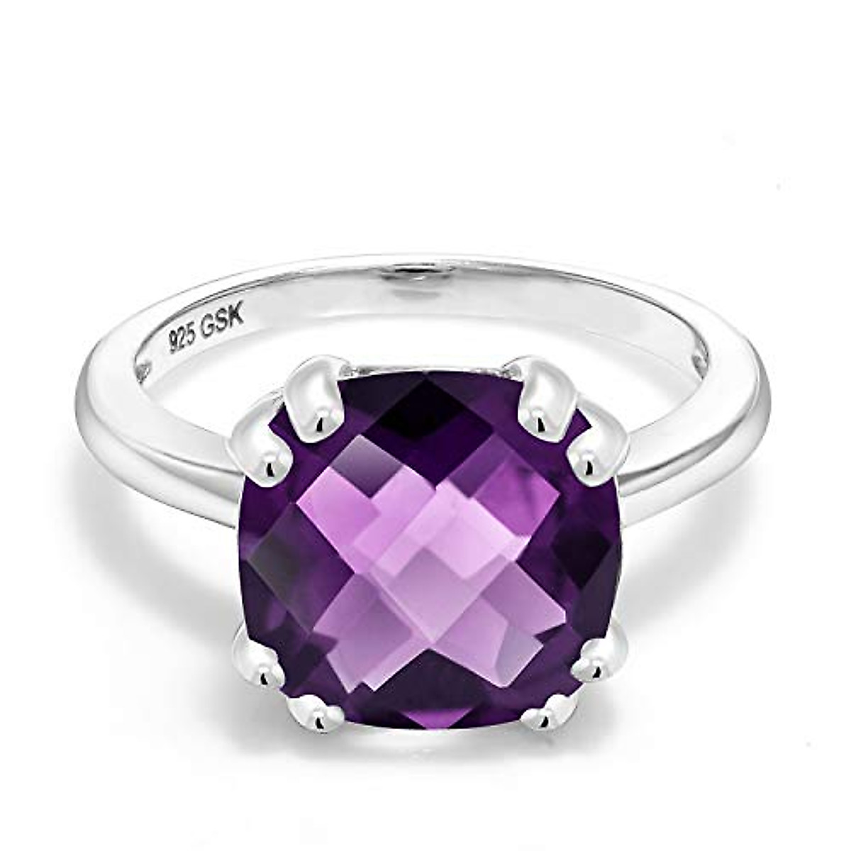 Gem Stone King 925 Sterling Silver Purple Amethyst Solitaire Double Prong Ring For Women (3.45 Cttw, Cushion Checkerboard 10MM, Gemstone Birthstone, Available In Size 5, 6, 7, 8, 9)