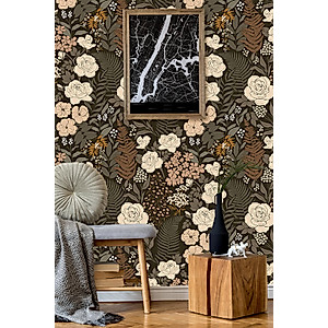 HAOKHOME Peel and Stick Wallpaper Floral Vintage Removable Rose Leaf Black/Brown/Beige Stick on Mural 17.7in x 6.6ft