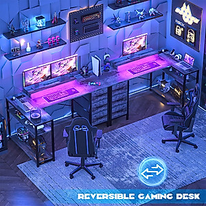 Aheaplus 53 Inch Gaming Desk with Power Outlets & LED Lights, Reversible L Shaped Computer Desk with 3 Drawers & Monitor Stand, Home Office Desk Corner Gamer Desk with Storage Shelves, Black Oak