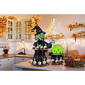 2 Set Halloween Witch Cupcake Stand Decorations, 3 - Tier Cardboard Cauldron Tray Holder Plus 24 Cake Toppers Birthday Party Supplies Decor（Assembly Needed）