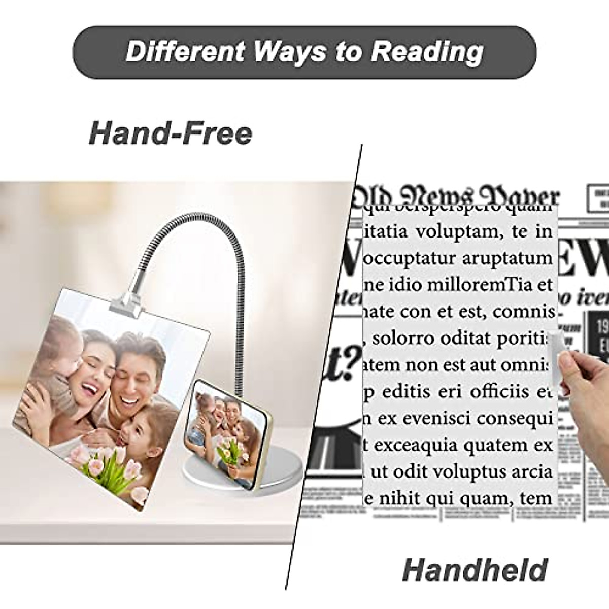 5X Magnifiers with Stand, 10"x6" Flexible Gooseneck Full Book Page Magnifying, Large Book Page Magnifier for Reading Small Prints & Low Vision Seniors with Aging Eyes, Sliver