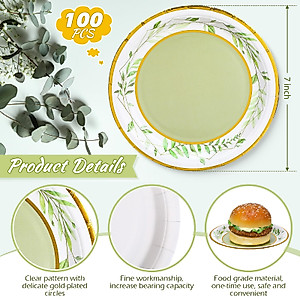 Tanlade 100 Pcs Sage Green Plates, 7'' Eucalyptus Paper Plates Decorative Disposable Gold Foil Greenery Plates for Baptism Baby Bridal Shower Wedding Jungle House Warming Decoration Party Supplies