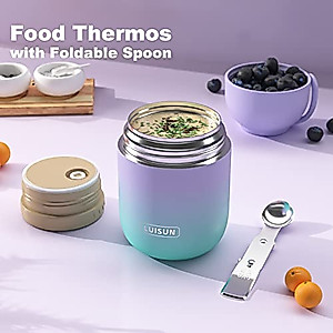 17 Oz Insulated Food Thermos Soup Thermos for Hot Food Kids Adults, 304 Stainless Steel Lunch Box Food Container with Folding Spoon, Vacuum Insulated Portable for School, Office, Outdoor (Purple)