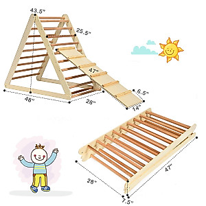 HONEY JOY Triangle Climber with Ramp, 2-in-1 Indoor Toddler Climbing Triangle Set with Ladder & Slide, Foldable Wooden Kids Climbing Toys for Playground, Gym & Daycare, Gift for Boys Girls (Natural)