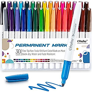 Ohuhu Permanent Markers 30 Pack, Fine Point Tip Permanent Markers 30 Assorted Colored Marker Pens Work Well on Paper Plastic Metal Wood Stone Glass Ceramics For Adult Coloring DIY Drawing