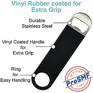 ProSMF Flat Bottle Opener - Bottle Opener for Bartender - Beer Bottle Opener - Stainless Steel - Heavy Duty - Vinyl Rubber Coated Handle - Black - 3 Pack - 2 Large & 1 Mini