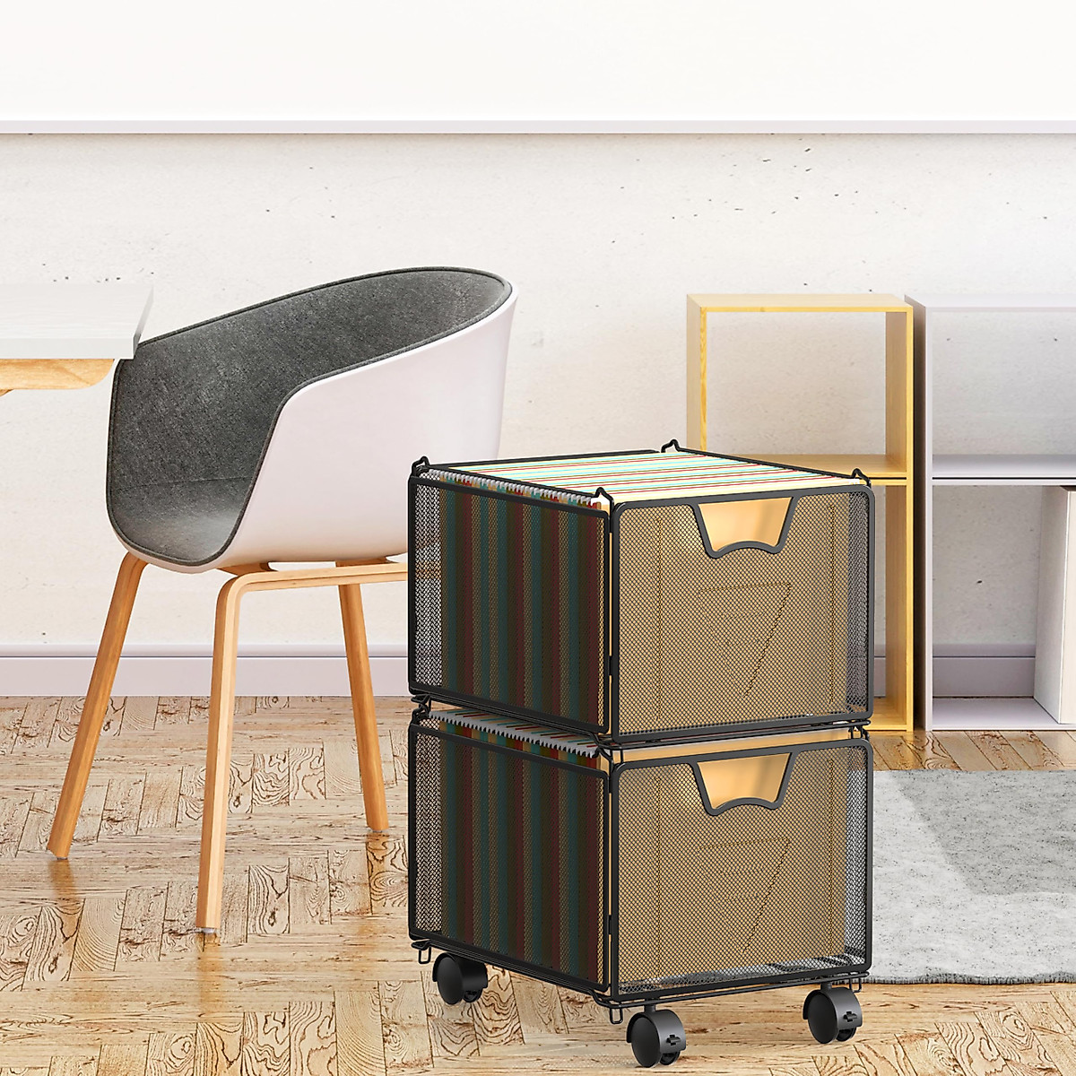 SimpleHouseware Stackable Mesh Hanging File Organizer with Wheels, Black