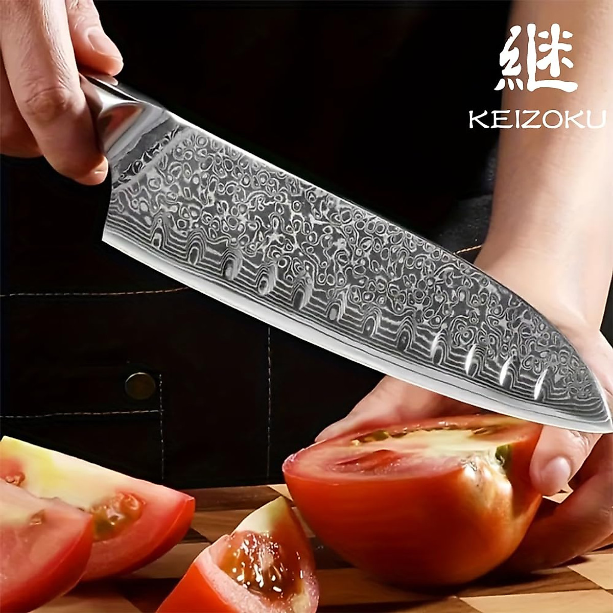 KEIZOKU Damascus Steel Santoku Knife 7 Inch, Japanese Professional 10Cr15MOV Blade with Hand Forged Hammer Pattern, Ultra Sharp Kitchen Knife with Abalone Shell Ergonomic Handle