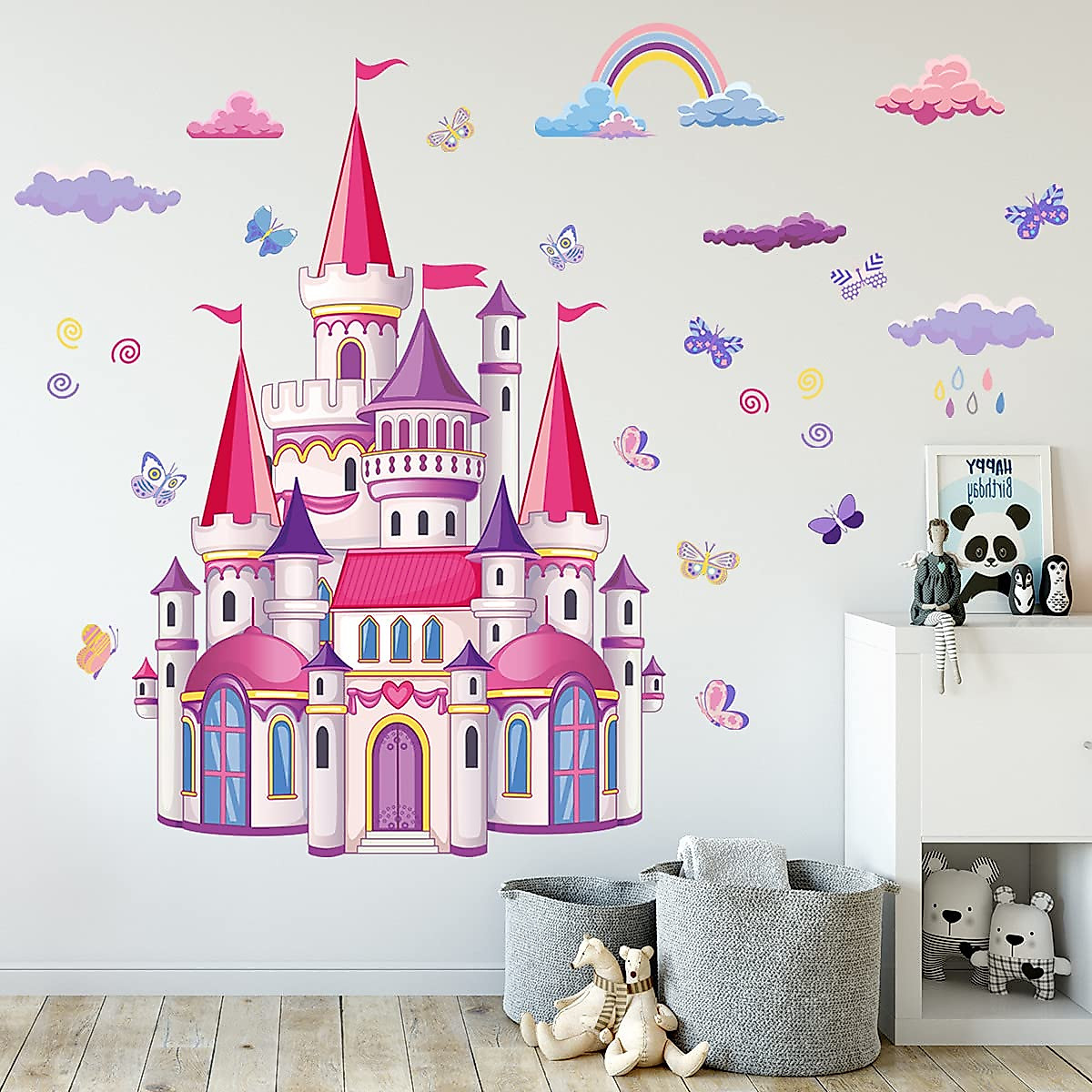 Pinenjoy Cartoon Castle Wall Decal Colorful Rainbow Clouds Butterfly Wall Stickers 39x30inch Fantasy Removable Self-Adhesive Vinyl Wall Clings for DIY Girls Bedroom Nursery Classroom Living Room