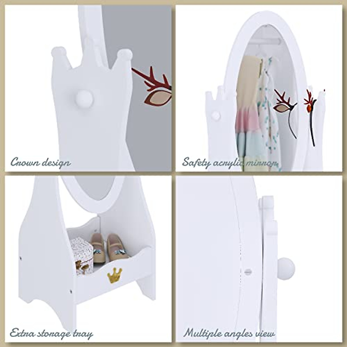 UTEX Kids Full Length Mirror, Kids Free-Standing Dressing Mirror with Adjustable Viewed, Wooden Mirror with Storage for 3-7 Years Old, White