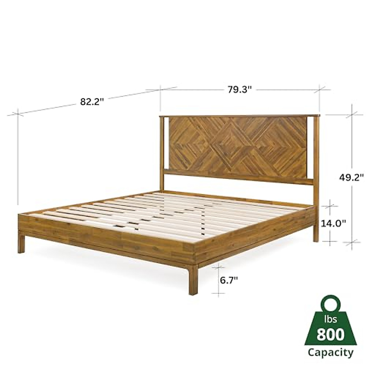 Bme Ethan Solid Wood King Bed Frame with Diamond Headboard - Rustic & Mid-century Modern - Acacia Wood Platform Bed - Compatible with All Mattresses - No Box Spring Needed - Rustic Dark Brown
