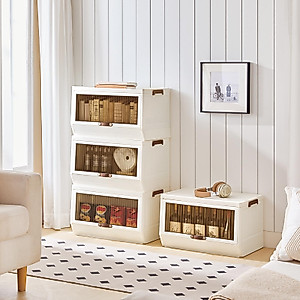 HOOBRO 60 QT Plastic Storage Bins with Lids, 4 Pack Folding Storage Cabinets with Doors and Wheels, Stackable Collapsible Storage Bins and Organizer, for Closet, Home, Dorm, White WG458CW01