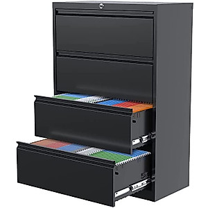 Aobabo 4 Drawer Metal Lateral File Cabinet with Lock,Metal Storage Cabinet for Hanging Files Letter/Legal/F4/A4 Size,Steel Filing Cabinet for Home Office,Assembly Required (Black,4 Drawer)…