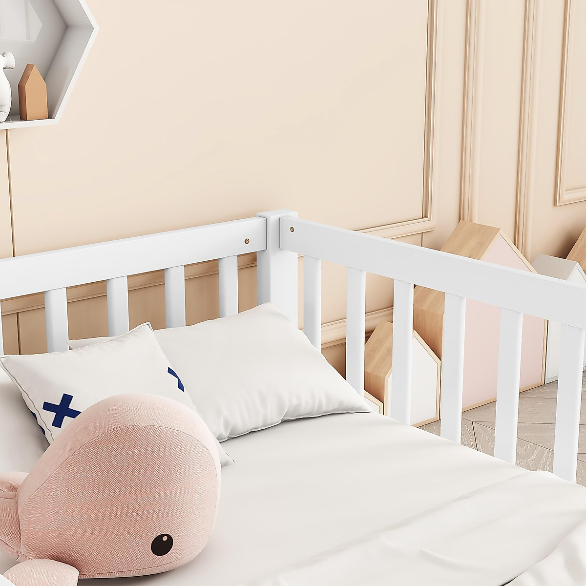 ROCKINGRUN Double Twin Size Montessori Floor Bed with Safety Guardrails, Solid Pine Wood Floor Shared Bed Frame with Fence, for Twins, Girls, Boys, Child Bedroom, Kids Playroom (White)