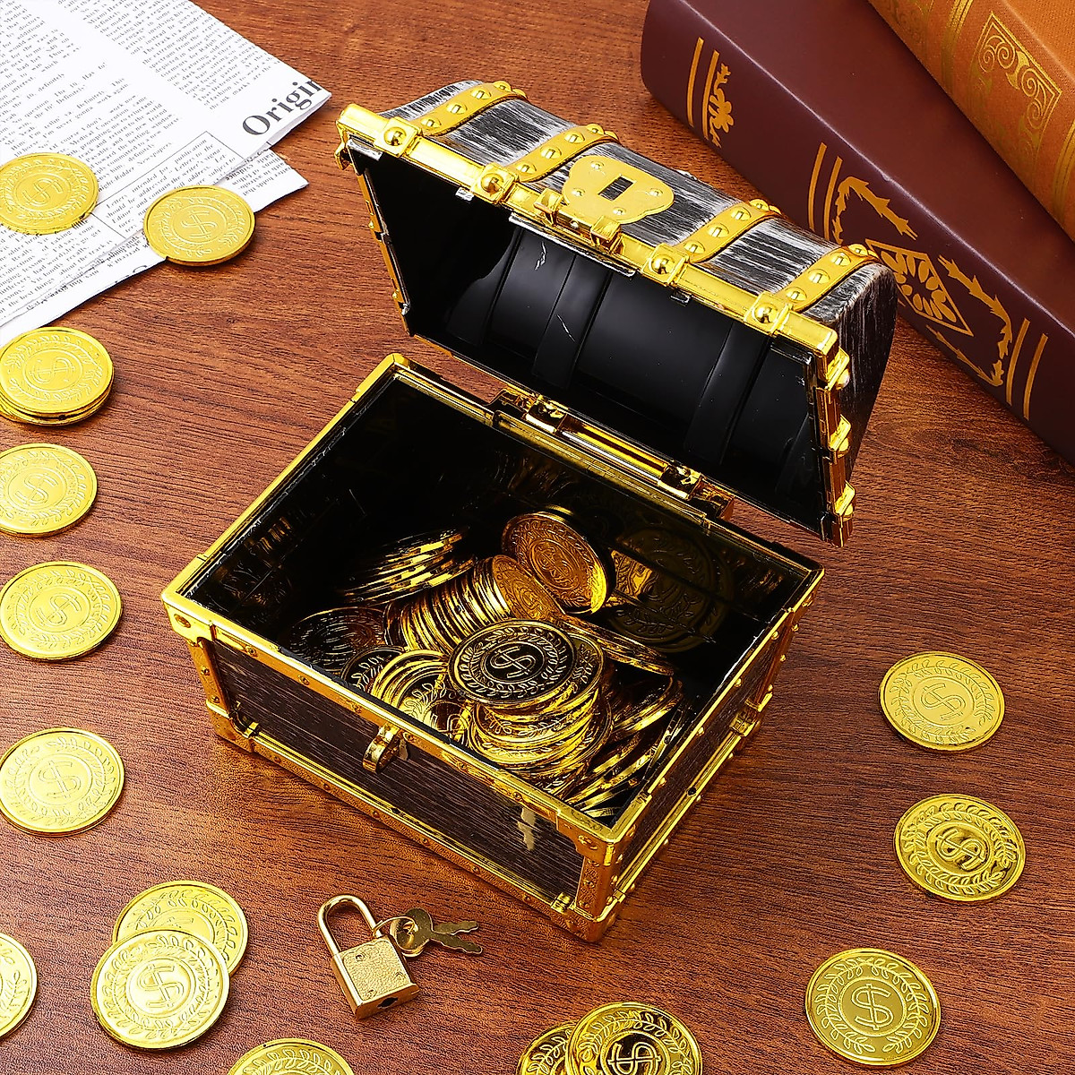 FAVOMOTO Pirate Treasure Chest, Treasures Collection Storage Wood Storage Box Chest with Lock and Key for Christmas Pirate Party Favors