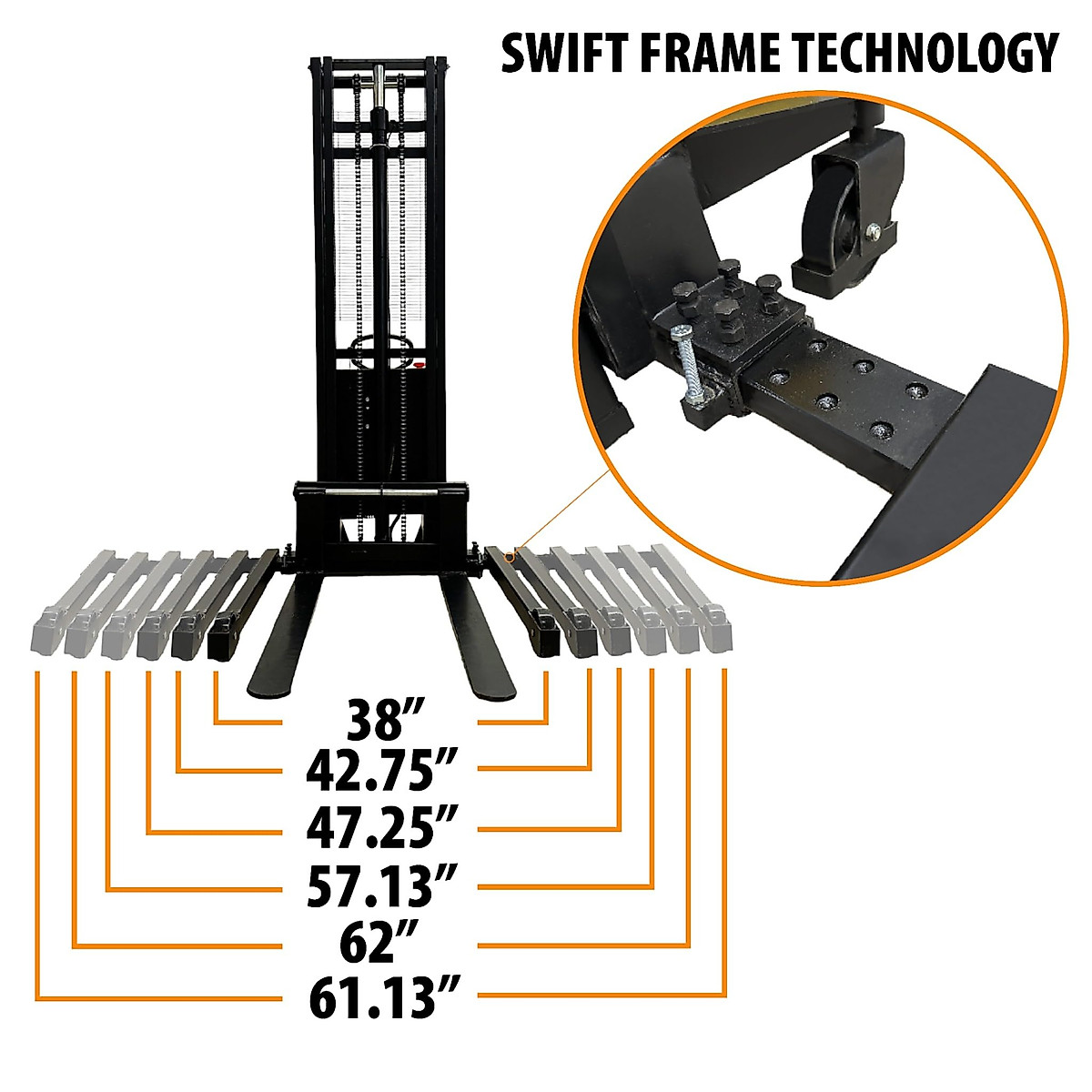 HOC EMS1535W SEMI Electric Wide Leg Pallet Stacker 3307 LBS 1500 KG Load Capacity + 138 INCH Height Capacity + Adjustable Frame Legs - North American Made