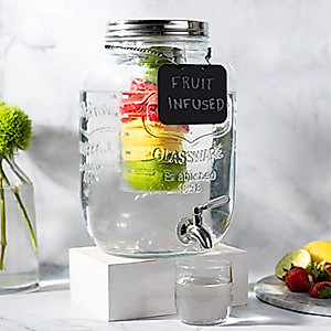 2 Gallon Glass Beverage Dispenser with Ice and Fruit Infusers, Stainless Steel Spigot, Chalkboard Label and Metal Lid, Wide Mouth Lemonade Drink Dispenser, Yorkshire Mason Jar, Kombucha Fermenting