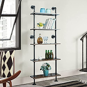 HEONITURE 5 Shelf Industrial Pipe Shelving, Black Modern Bookcase Bookshelf, Wall Mount Ladder Shelf with Metal Frame Display Selves