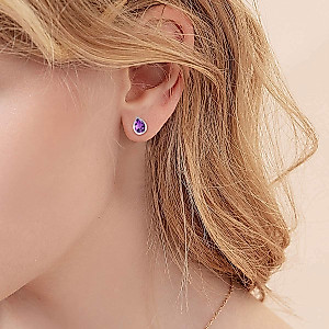 JewelryGift 925 Sterling Silver Natural Amethyst Purple Teardrop Pear Shaped Bezel Set Stud Earrings For Women friction-back Jewelry