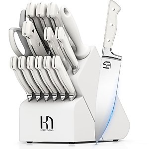 KnifeSaga Knife Block Set, 15 Pcs Kitchen Knife Set, Enduring Razor-Sharp Japanese High Carbon Stainless Steel Knife Set with Block, Premium Forged Knife Set for Kitchen and Professional Chefs, White