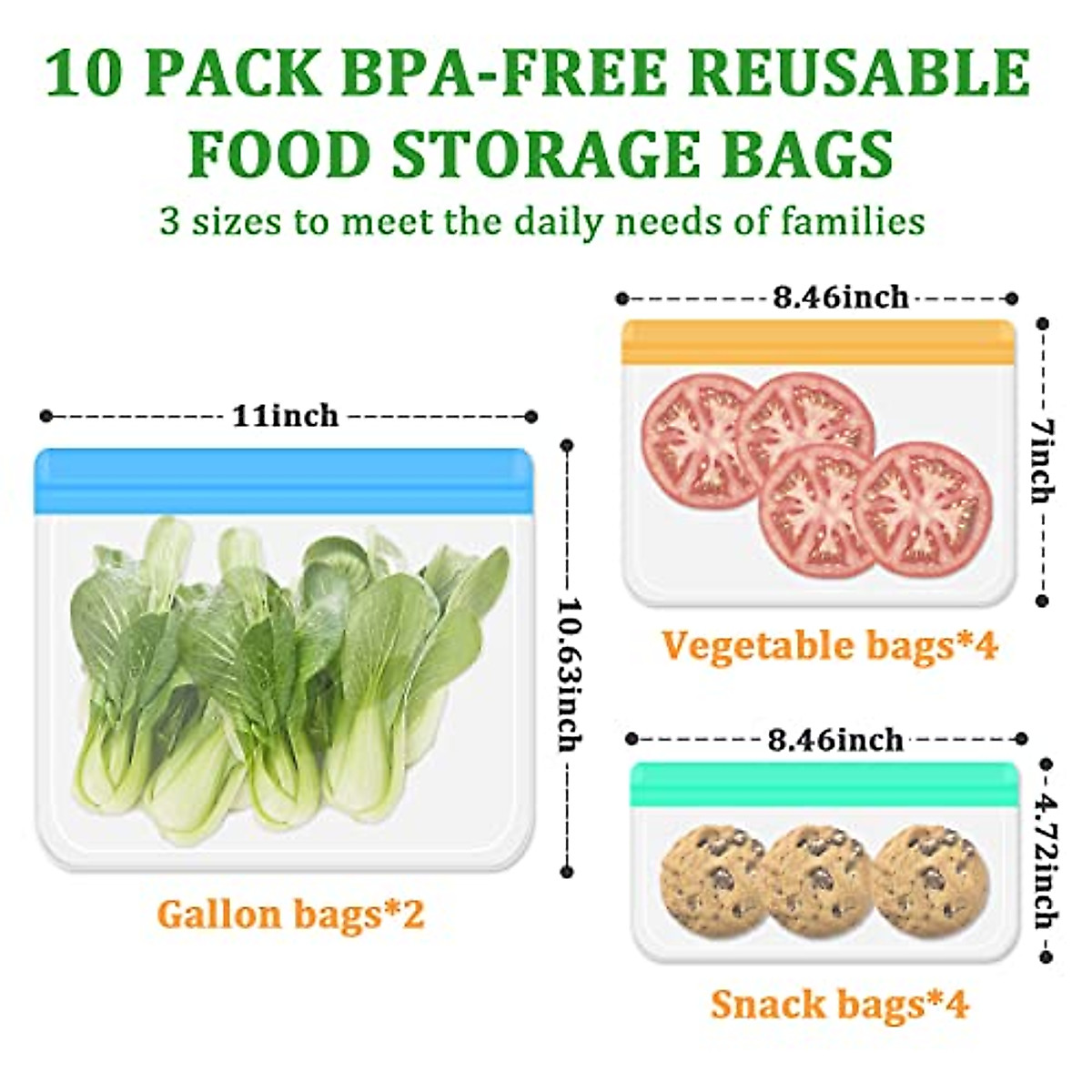 10PCS Food Storage Bags Silicone, Leakproof Reusable Storage Bags, Reusable Snack Bags Silicone for Home Food Storage, Kids School Lunch,Picnic and Travel