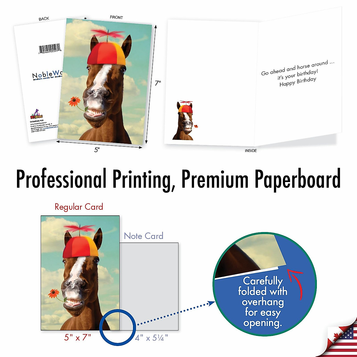 NobleWorks - 1 Happy Birthday Card with Funny Animals - Wildlife and Pet Humor, Fun Birthday Celebration Notecard - Horse Around C9304BDG