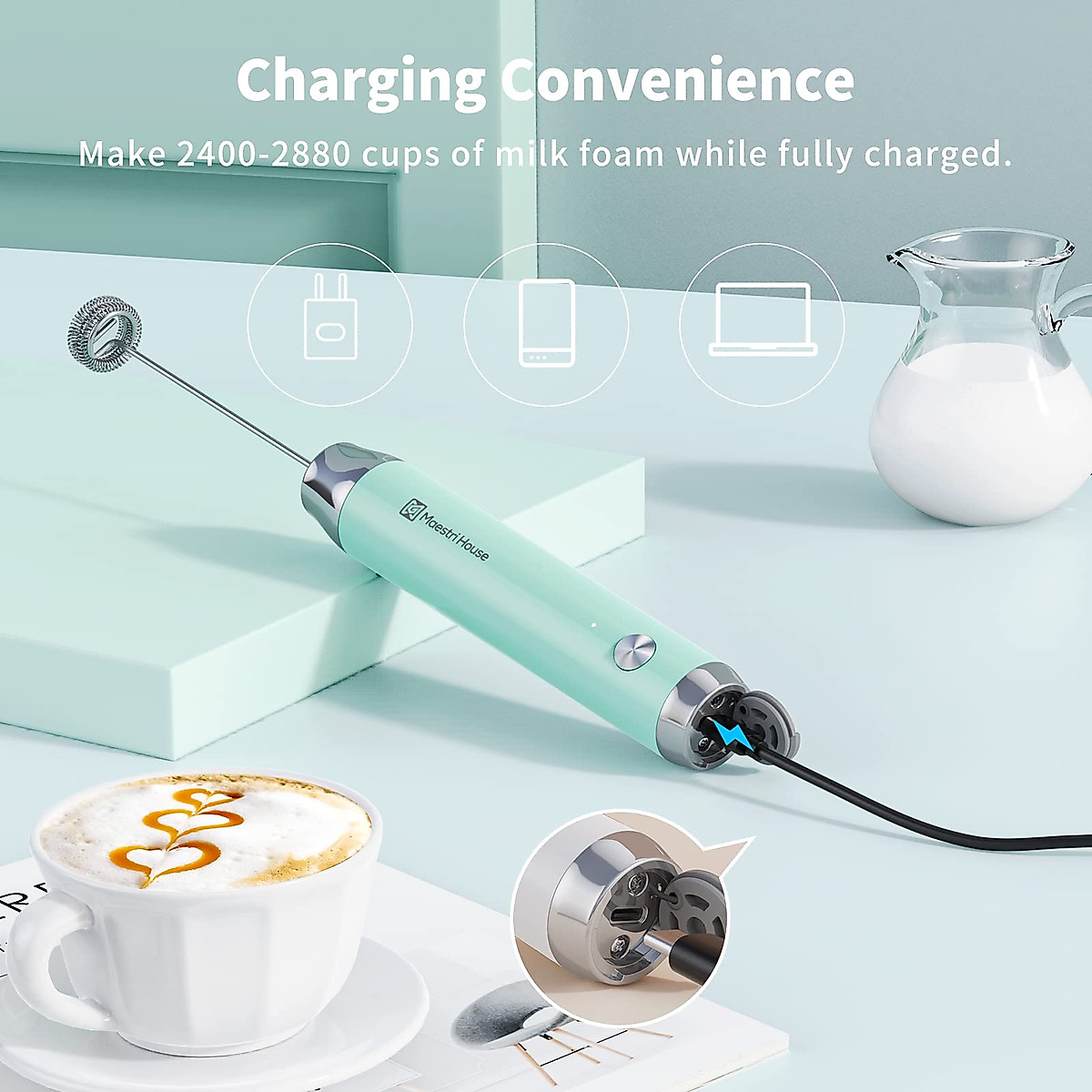 Maestri House Rechargeable Milk Frother with Stand, Handheld Electric Foam Maker Waterproof Detachable Stainless Steel Whisk Drink Mixer Foamer for Lattes, Cappuccino